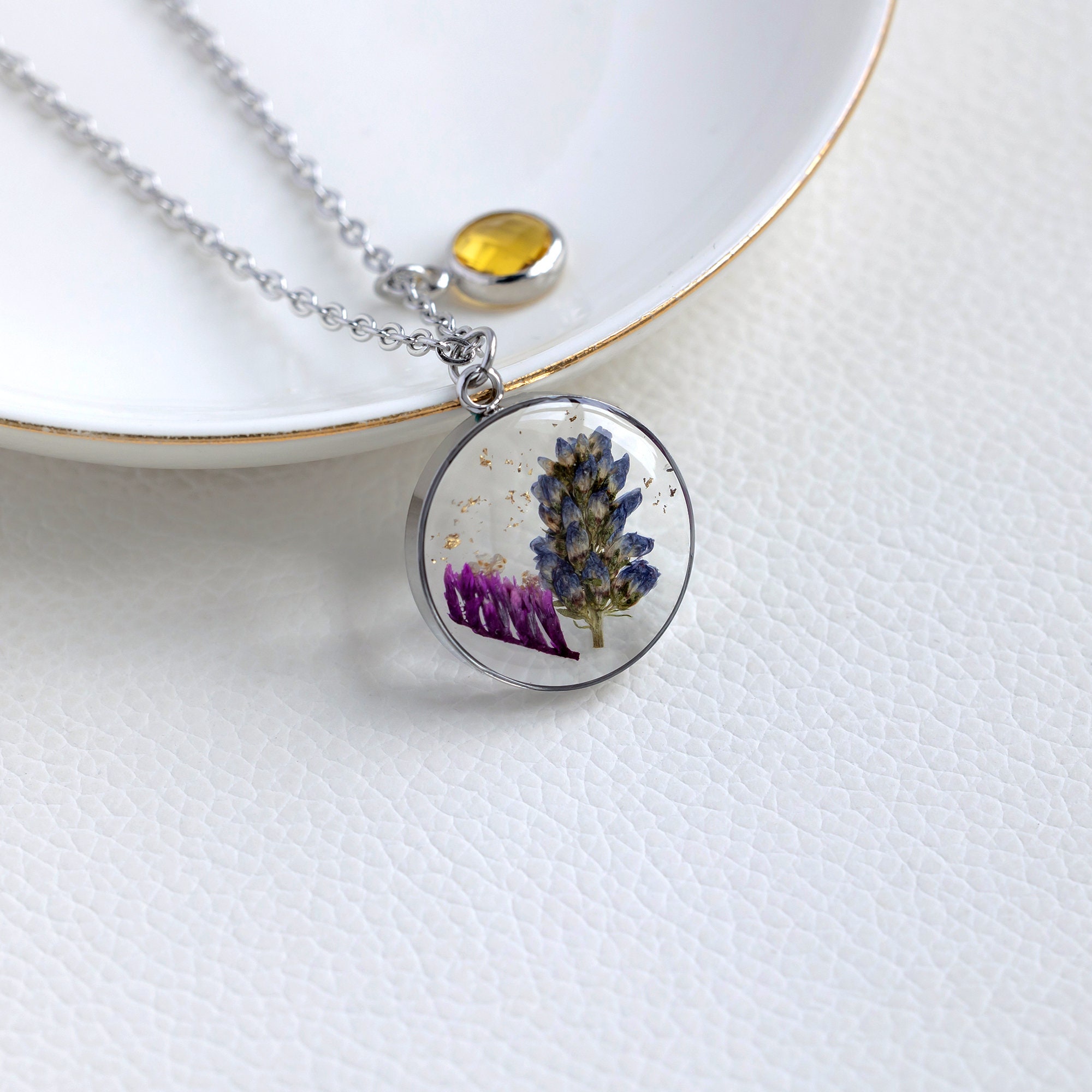 Custom Birthstone Purple Flower Sage Necklace, Handmade Pressed Flower ...