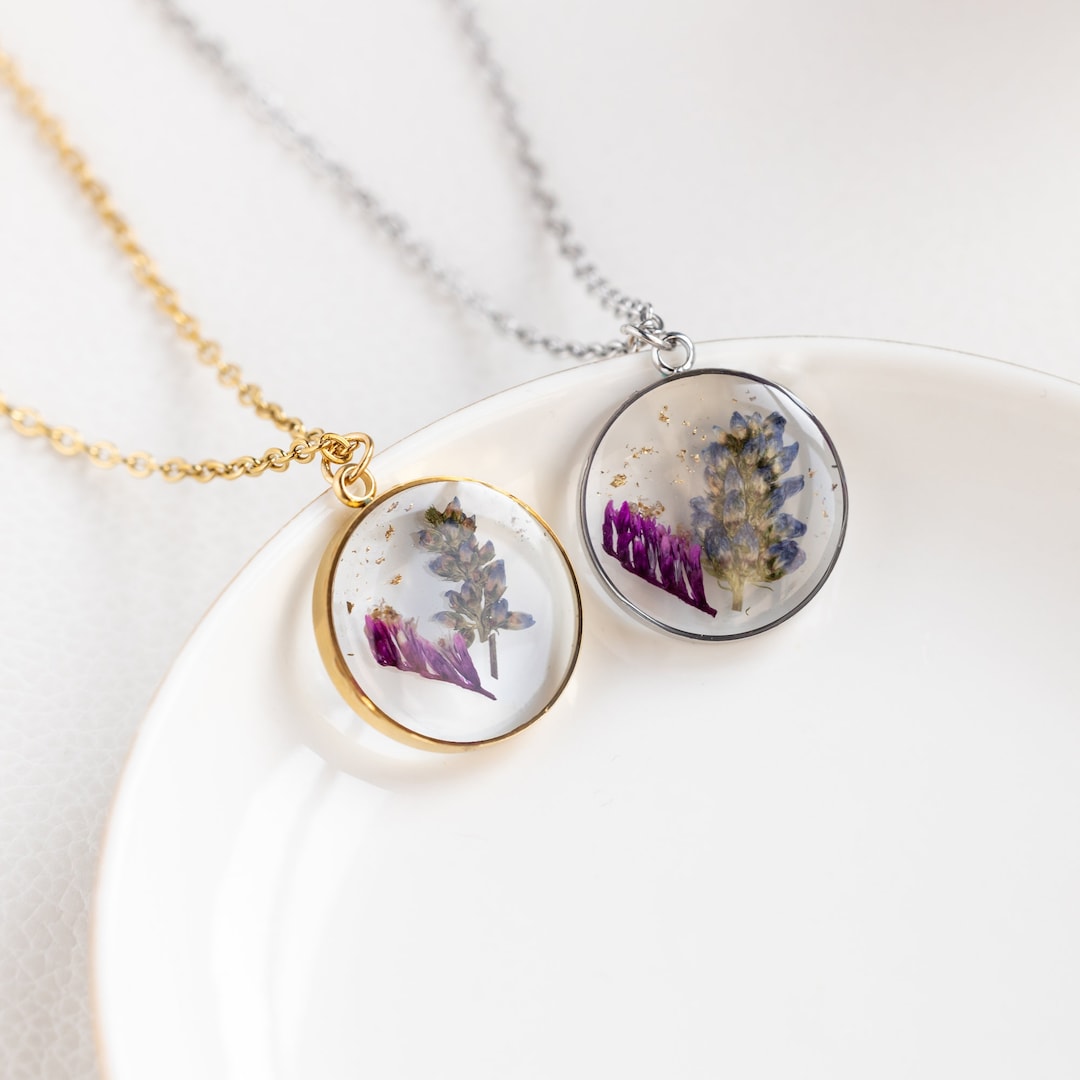 Purple Flower Sage Necklace for Women, Handmade Pressed Flower Necklace ...