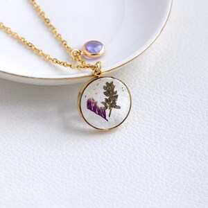 Custom Birthstone Purple Flower Sage Necklace, Handmade Pressed Flower ...