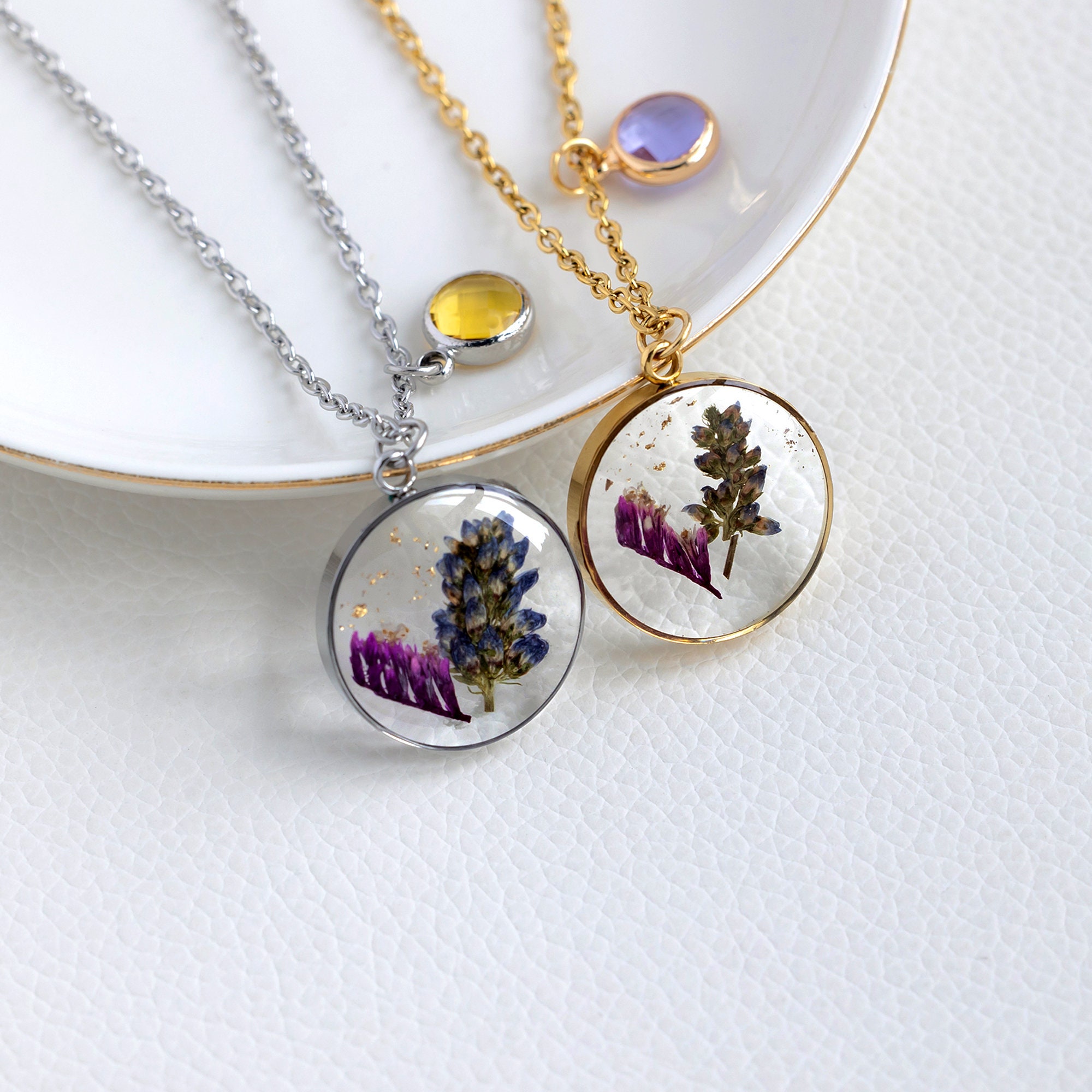 Custom Birthstone Purple Flower Sage Necklace, Handmade Pressed Flower ...