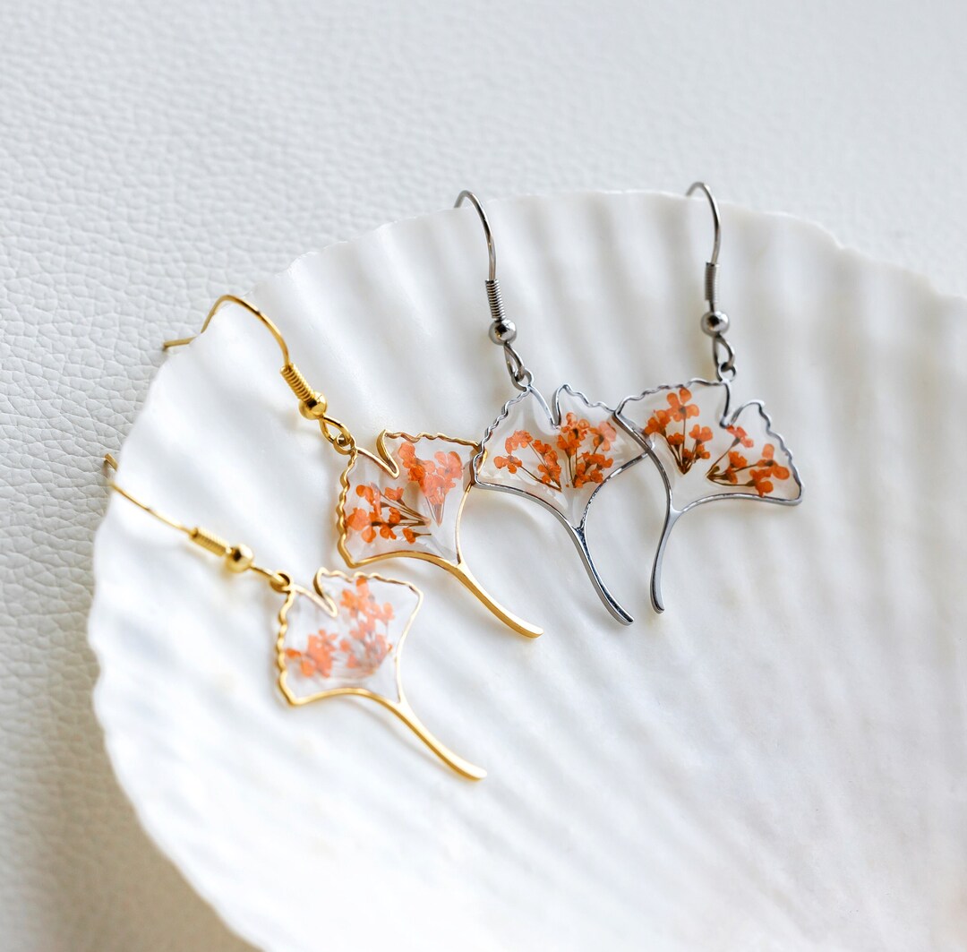 Ginkgo Leaf Queen Anne's Lace Flower Earrings, Handmade Real Flower ...