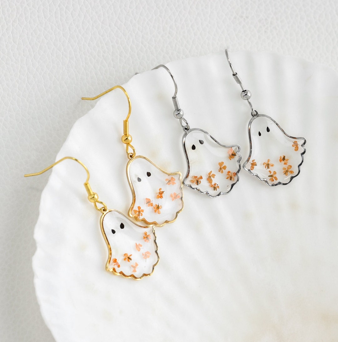 Ghost Resin Earrings, Ghost Charm Earrings, Handmade Real Flower ...