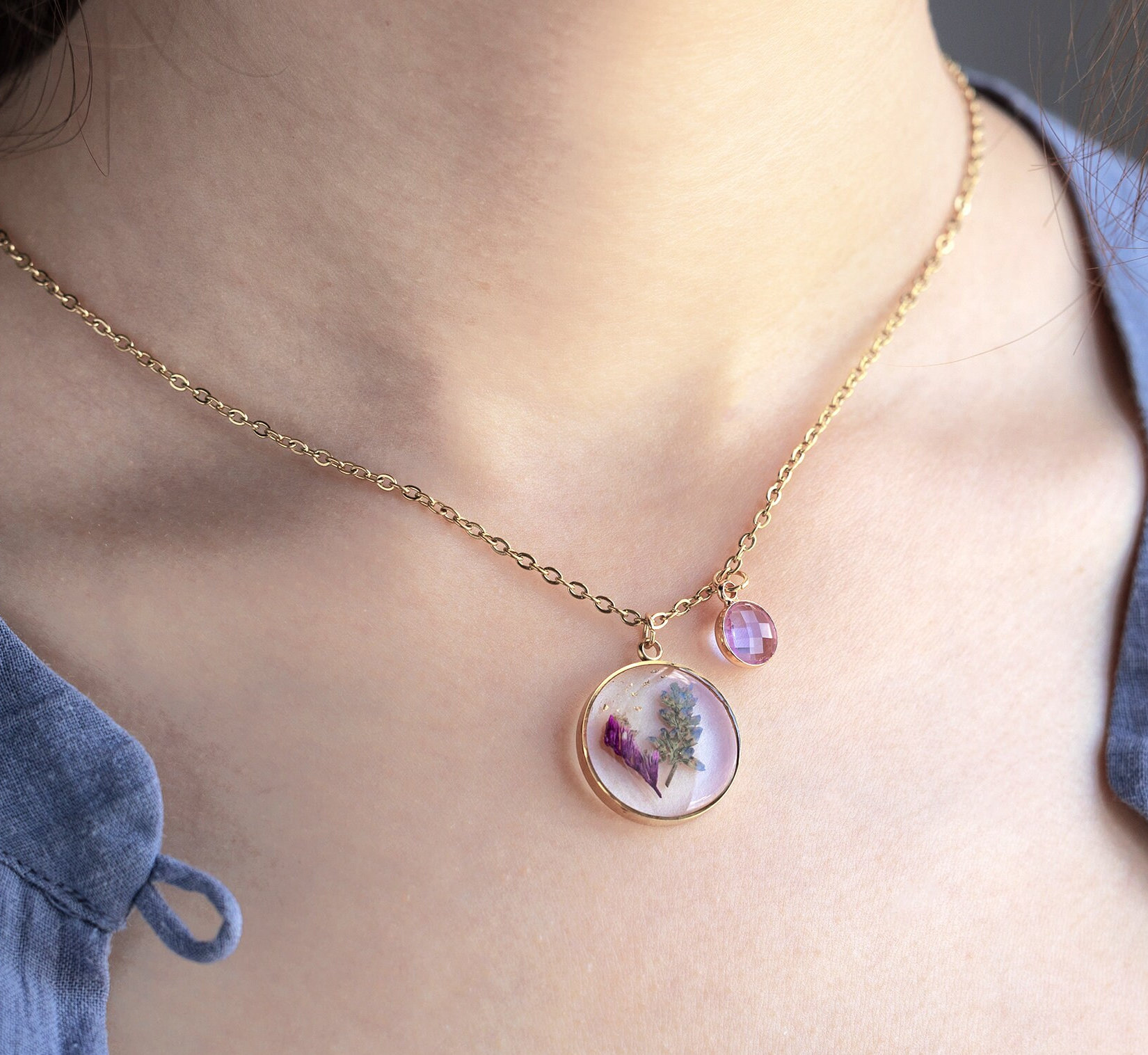 Custom Birthstone Purple Flower Sage Necklace, Handmade Pressed Flower ...