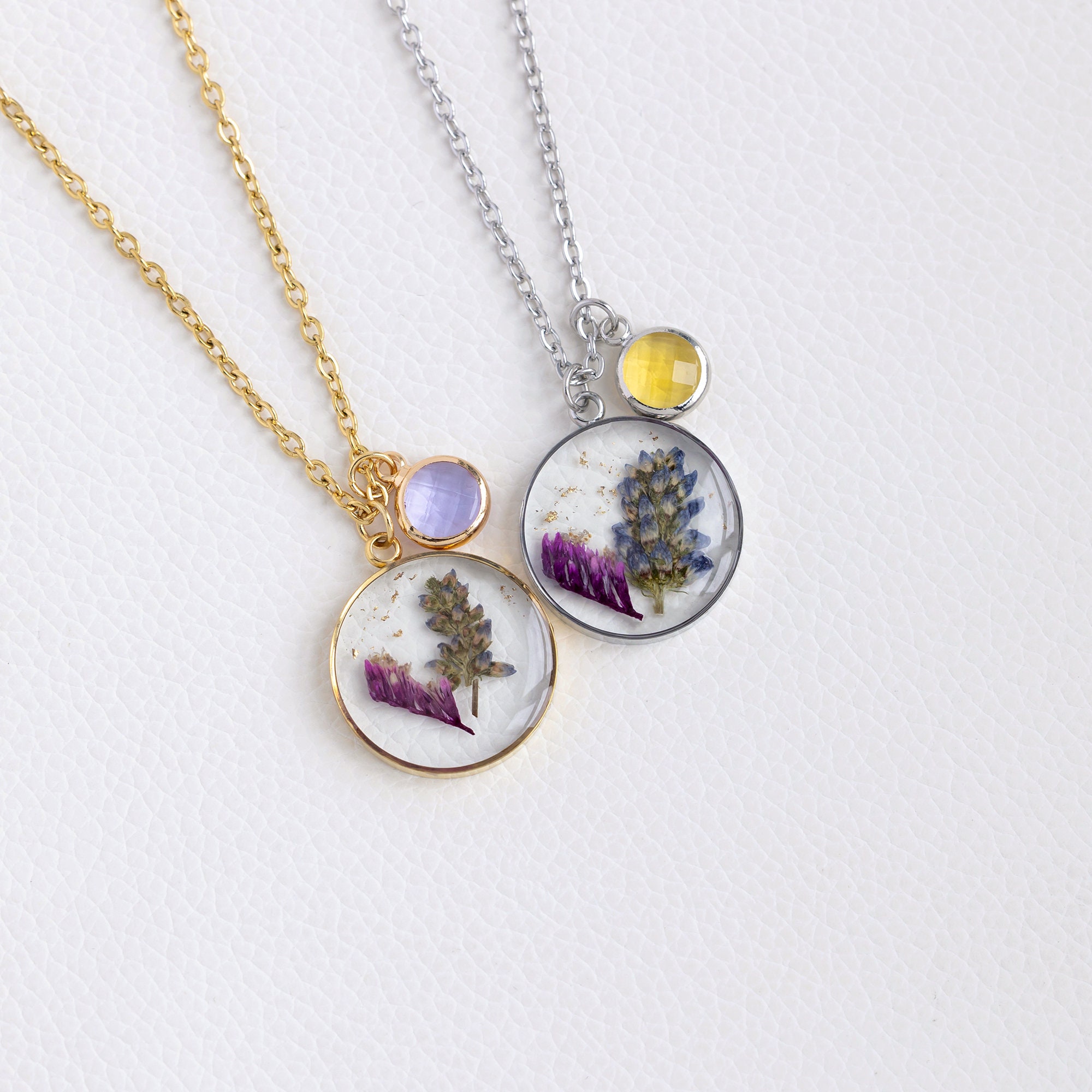 Custom Birthstone Purple Flower Sage Necklace, Handmade Pressed Flower ...