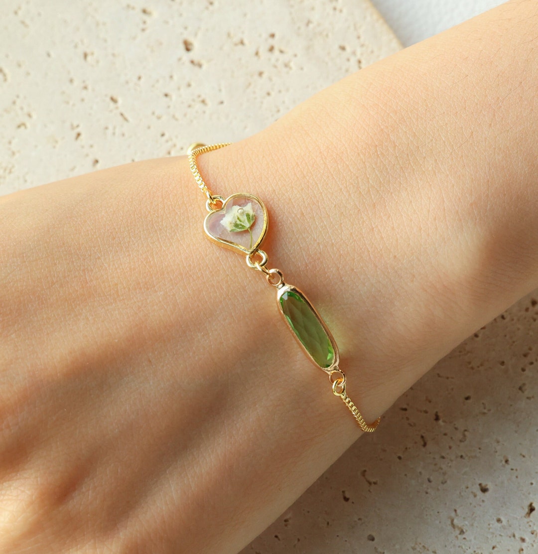 Heart Baby's Breath Bracelet With Birthstone, Personalized Birthstone ...
