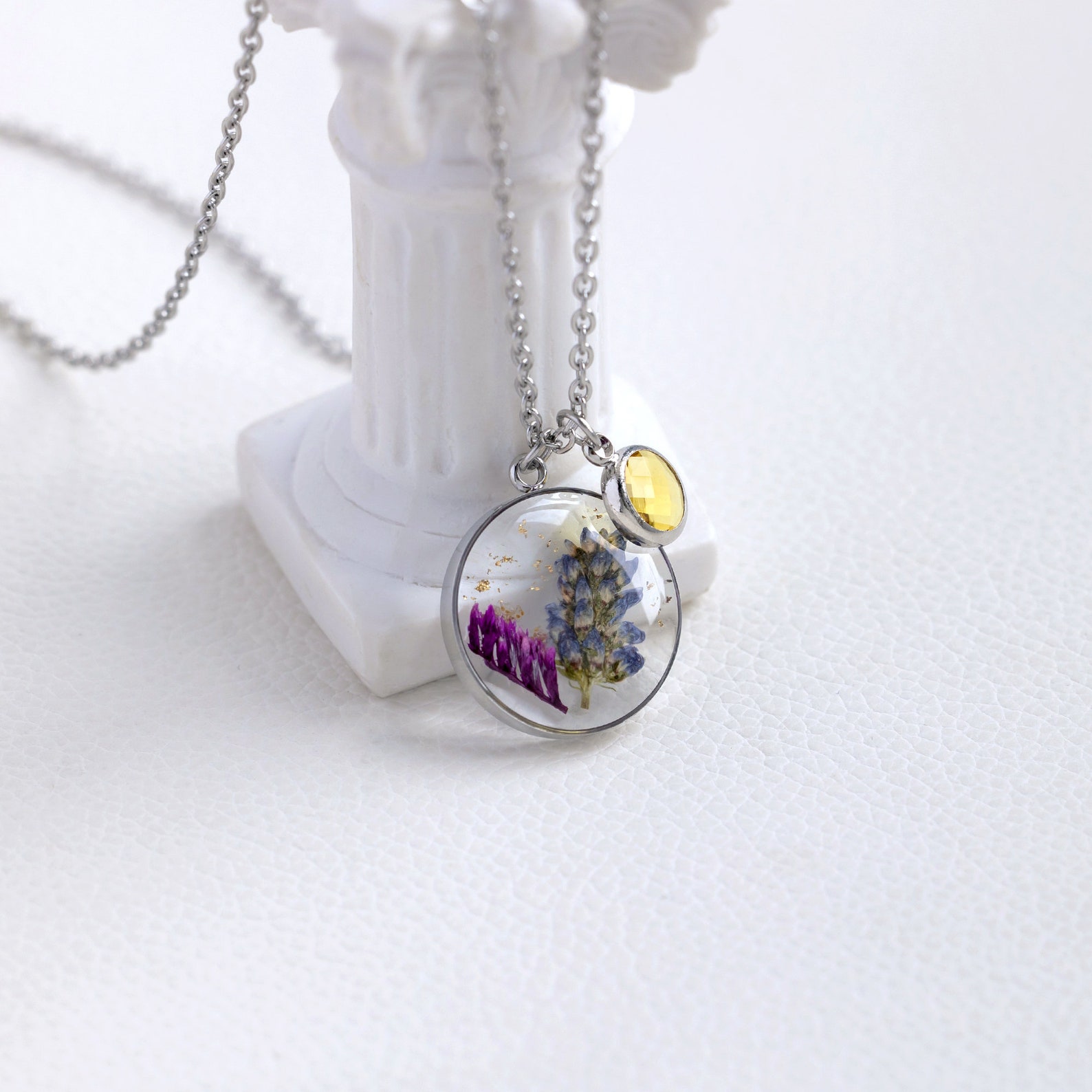 Custom Birthstone Purple Flower Sage Necklace, Handmade Pressed Flower ...