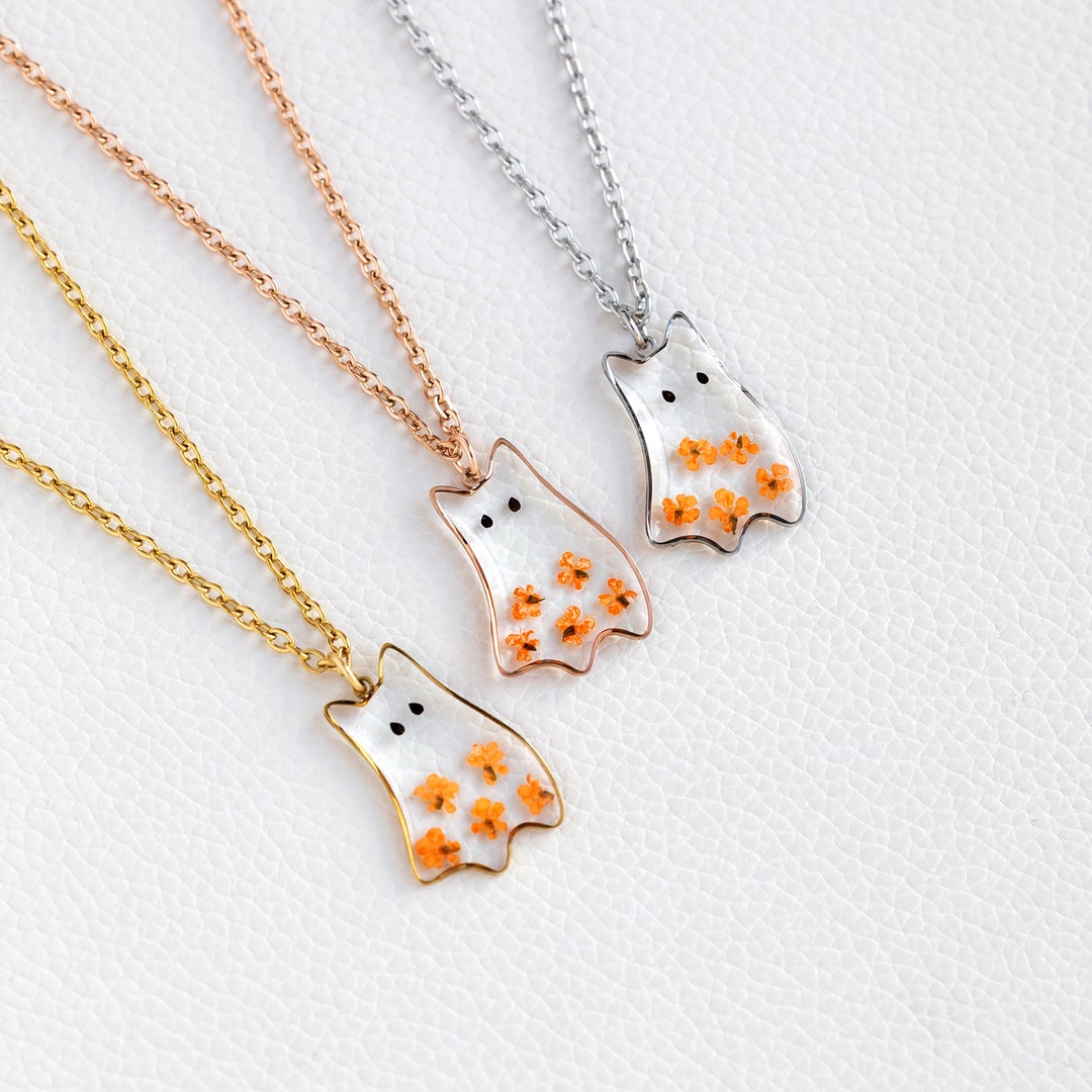 Ghost Cat Flower Necklace, Ghost Cat Charm Necklace, Handmade Orange ...