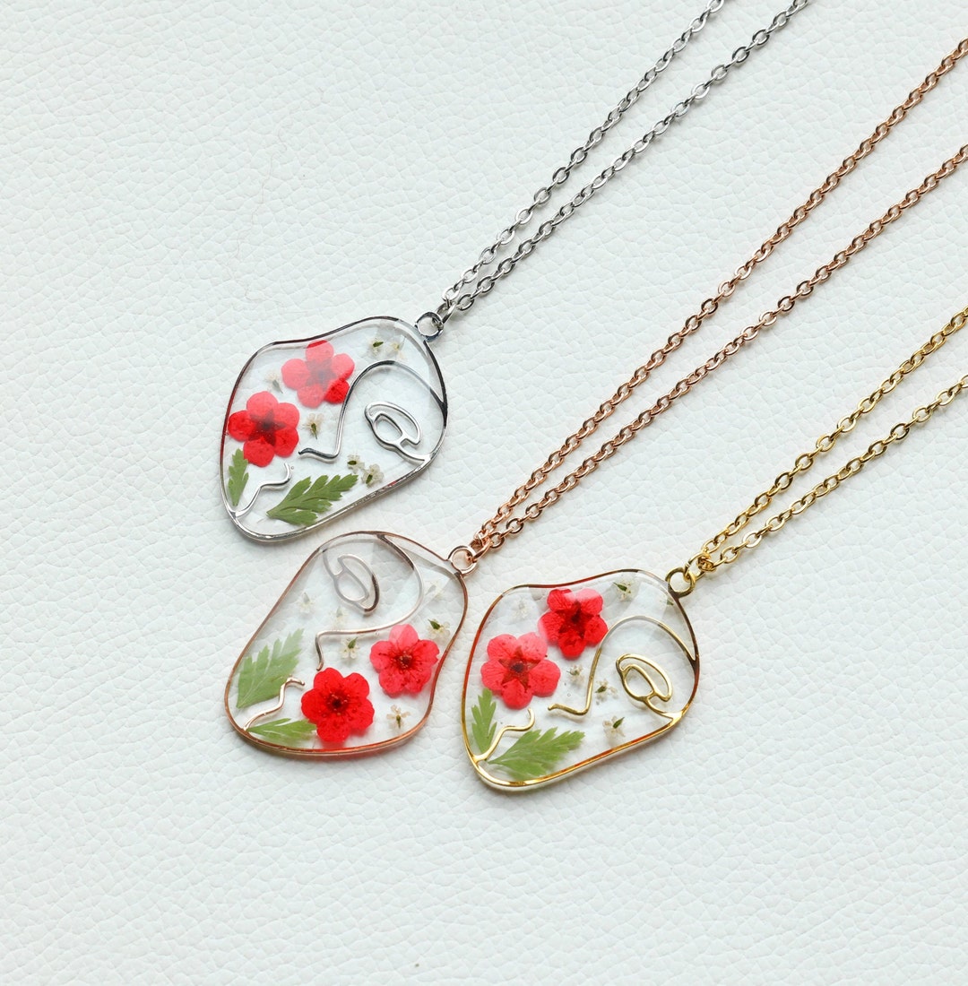 Abstract Face Pressed Flower Necklace for Women, Forget Me Not Real ...