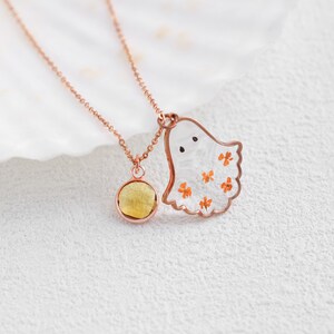Custom Birthstone Ghost Necklace, Ghost Charm Necklace, Handmade Flower ...