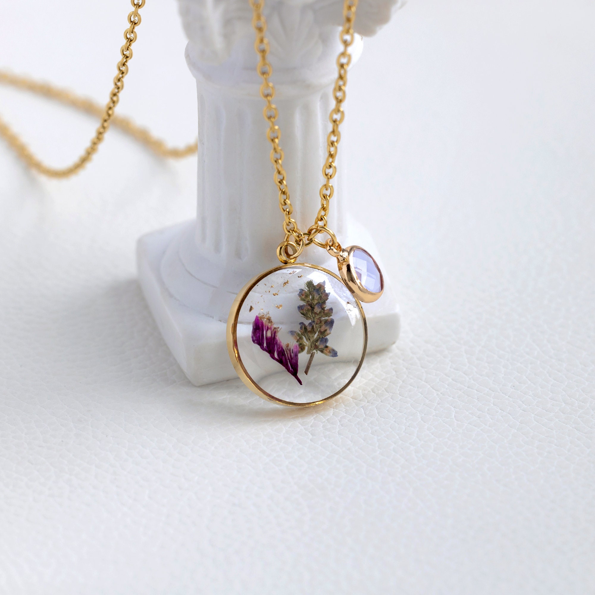 Custom Birthstone Purple Flower Sage Necklace, Handmade Pressed Flower ...