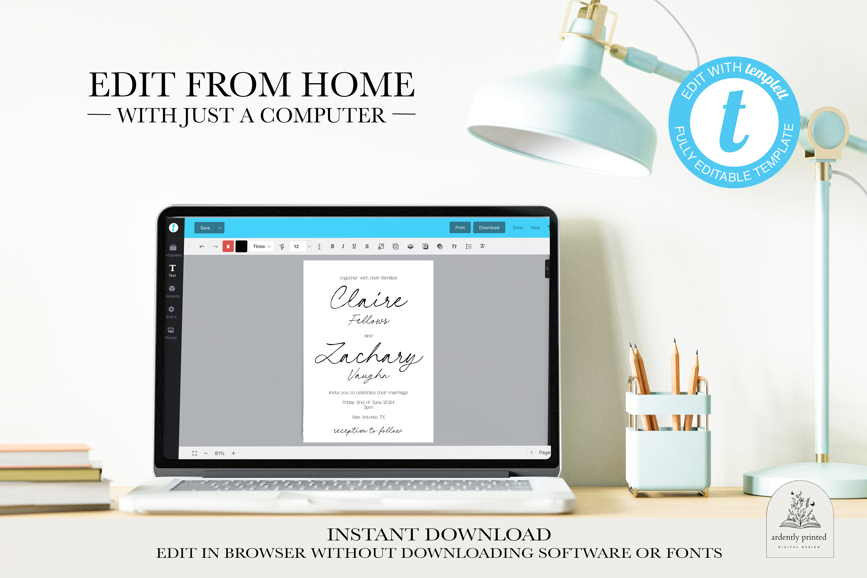 Calligraphy Wedding Invitation, Script Modern Minimalist Invitation Printable, Instant Access ...