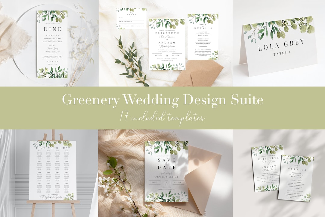 Greenery Wedding 17 Pgs Bundle Invitation and Reception HUGE, Green Floral Invitation Printable ...