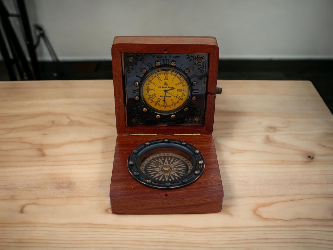 Personalized Engrave Antique Clock With Compass in Wooden Box, Timeless ...