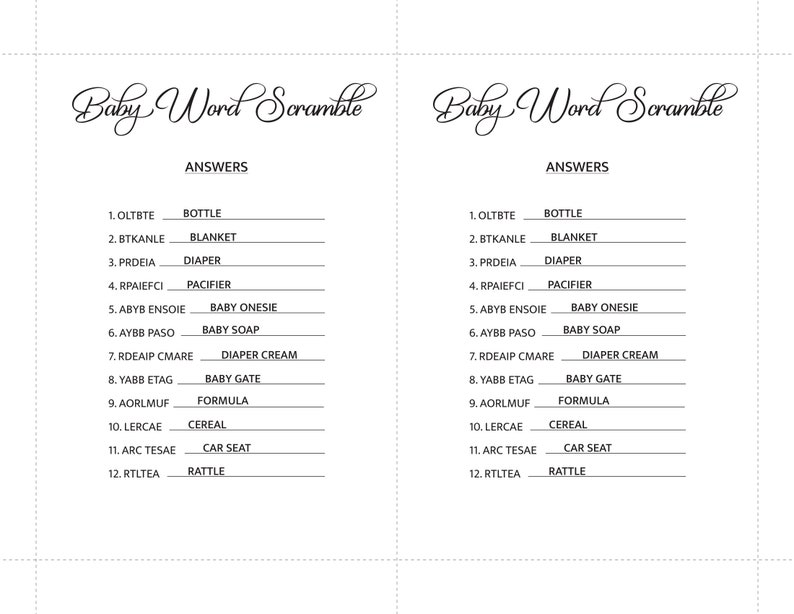 Baby Word Scramble GAME Baby Word Scramble ANSWER bundle Baby Shower ...