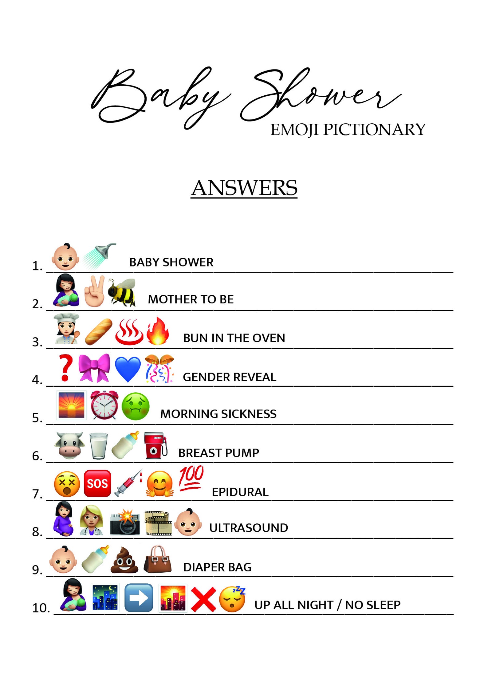 Baby Shower Emoji Pictionary GAME baby Shower Emoji Pictionary ANSWER ...