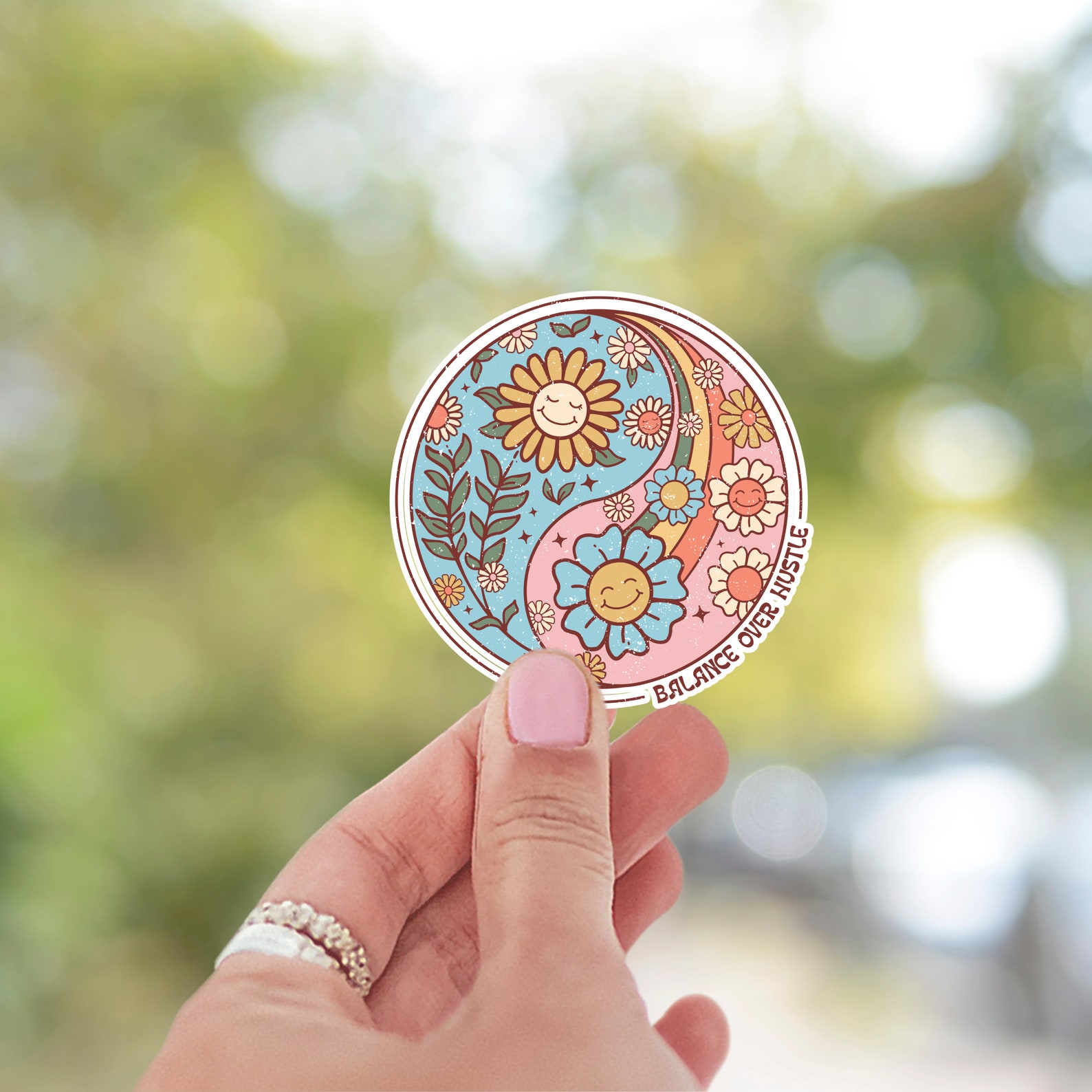 Retro Flower Ying Yang Sticker With Positive Message Girl Gift Colorful ...