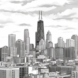 Line Drawing of Chicago Skyline, Wall Print, Digital Art Design ...