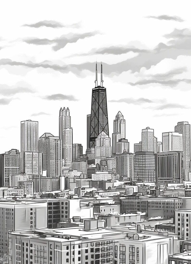 Line Drawing of Chicago Skyline, Wall Print, Digital Art Design ...