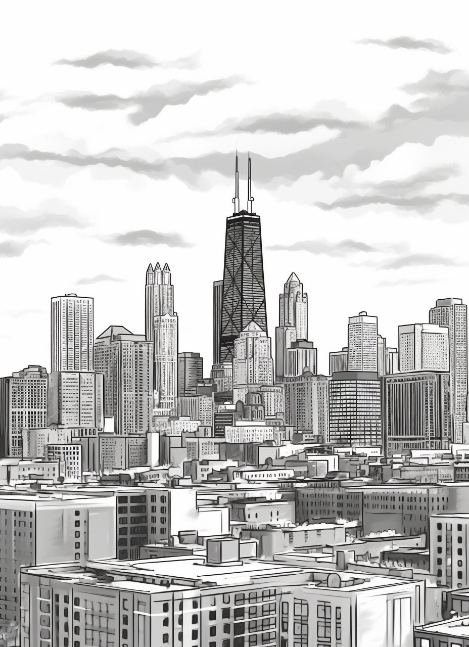 Line Drawing of Chicago Skyline, Wall Print, Digital Art Design ...