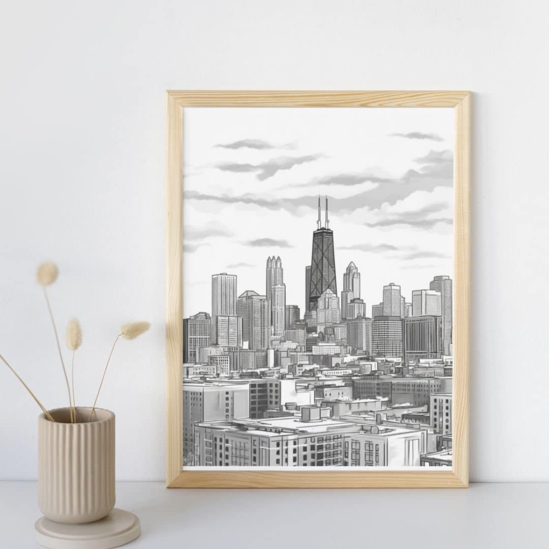 Line Drawing of Chicago Skyline, Wall Print, Digital Art Design ...