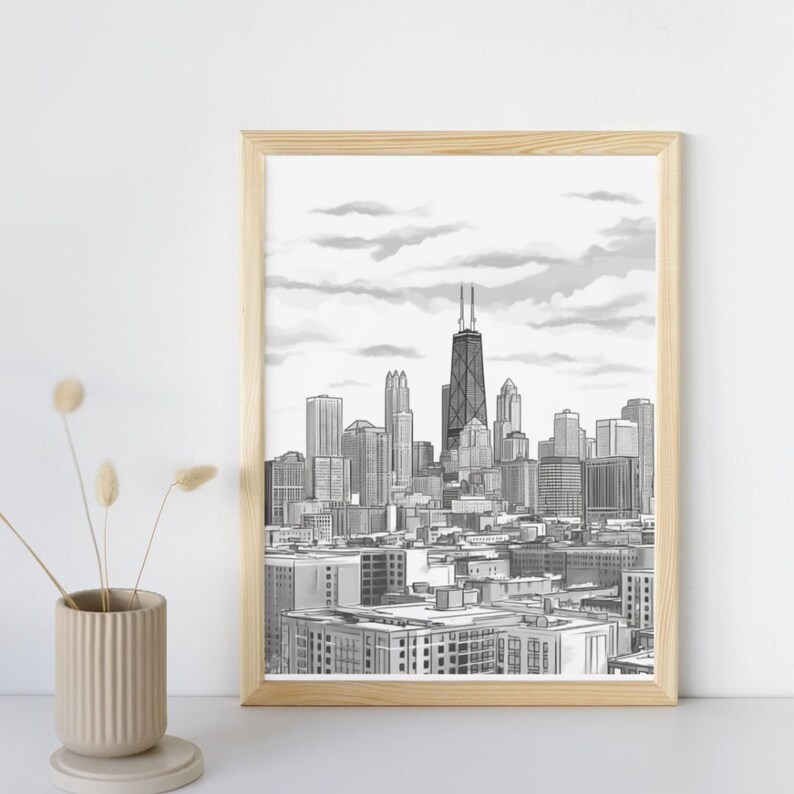 Line Drawing of Chicago Skyline, Wall Print, Digital Art Design ...