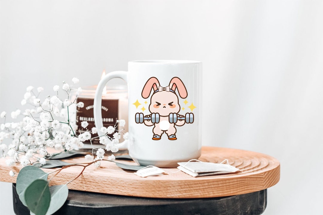 Kawaii Bunny Gym Mug,cute Workout Mug,bunny Weightlifting,gym Rabbit ...