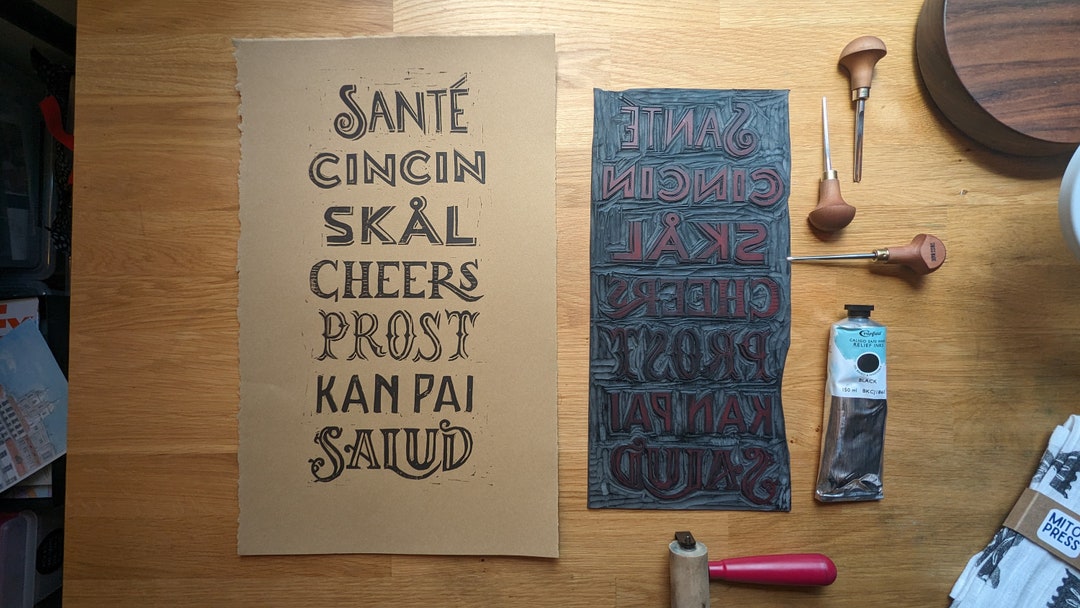 Cheers Hand Lettered Linoprint Poster Wall Art - Etsy