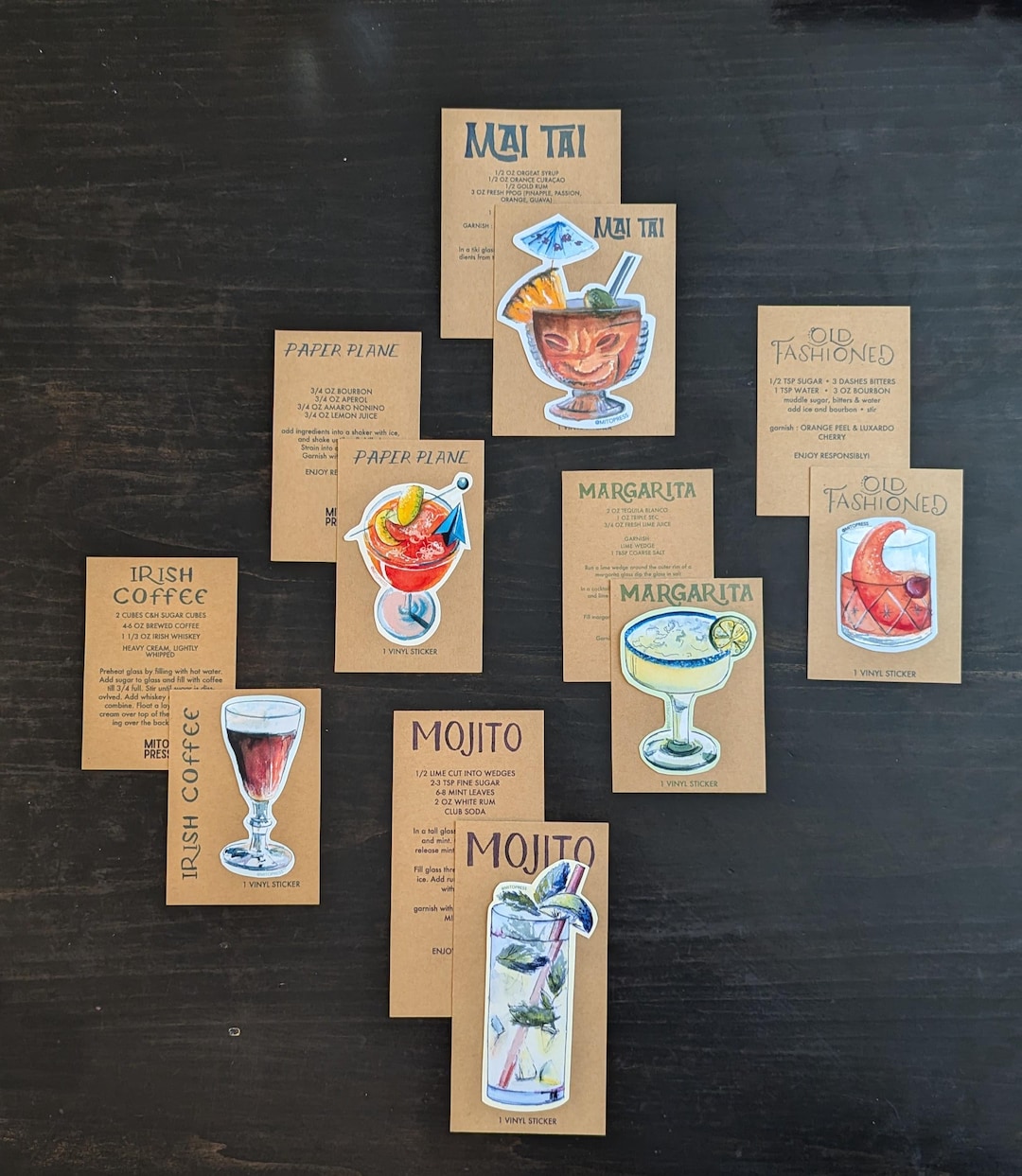 Hand Painted Watercolor Cocktail Stickers With Recipes - Unique Die Cut ...