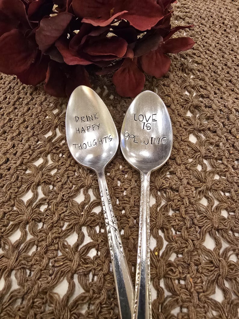 Handmade Handstamped Vintage Coffee or Tea Spoon - Drink Happy Thoughts ...