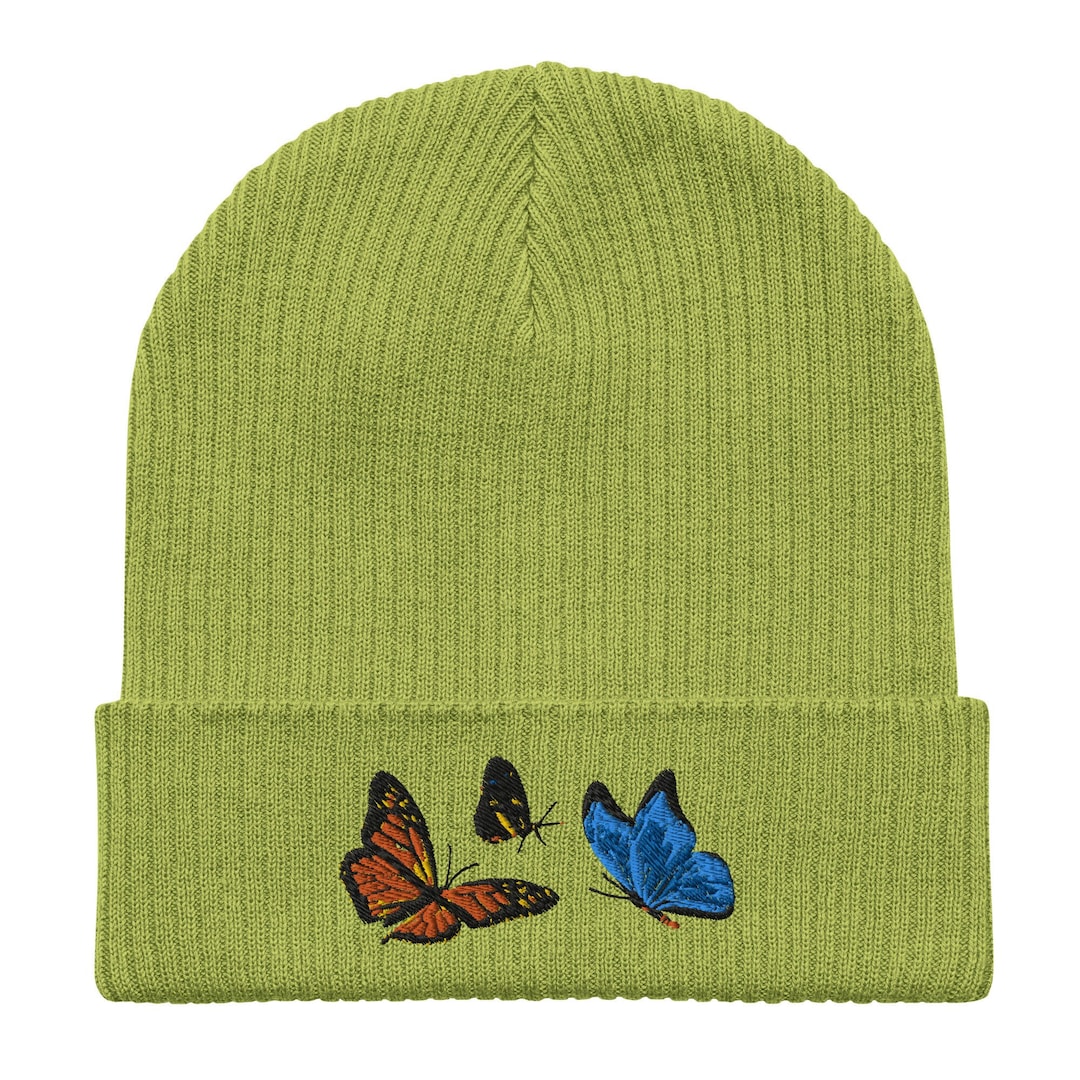 Butterfly Embroidered Organic Ribbed Beanie, Butterflies Hat ...