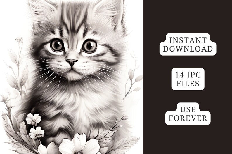 Hand-drawn Kitty Cats Clipart: Unique Pencil Cat Drawing JPG Files ...
