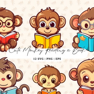 Cute Monkey SVG Reading Book: Adorable Clipart Bundle in PNG, EPS ...