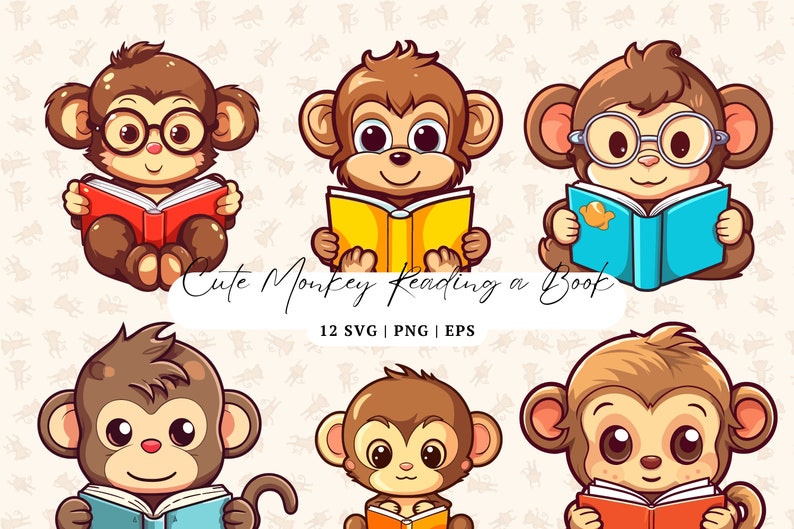 Cute Monkey SVG Reading Book: Adorable Clipart Bundle in PNG, EPS ...