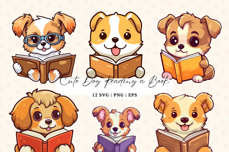 Cute Dog SVG Clipart: Adorable Puppy Reading Book, EPS & PNG Bundle - Etsy