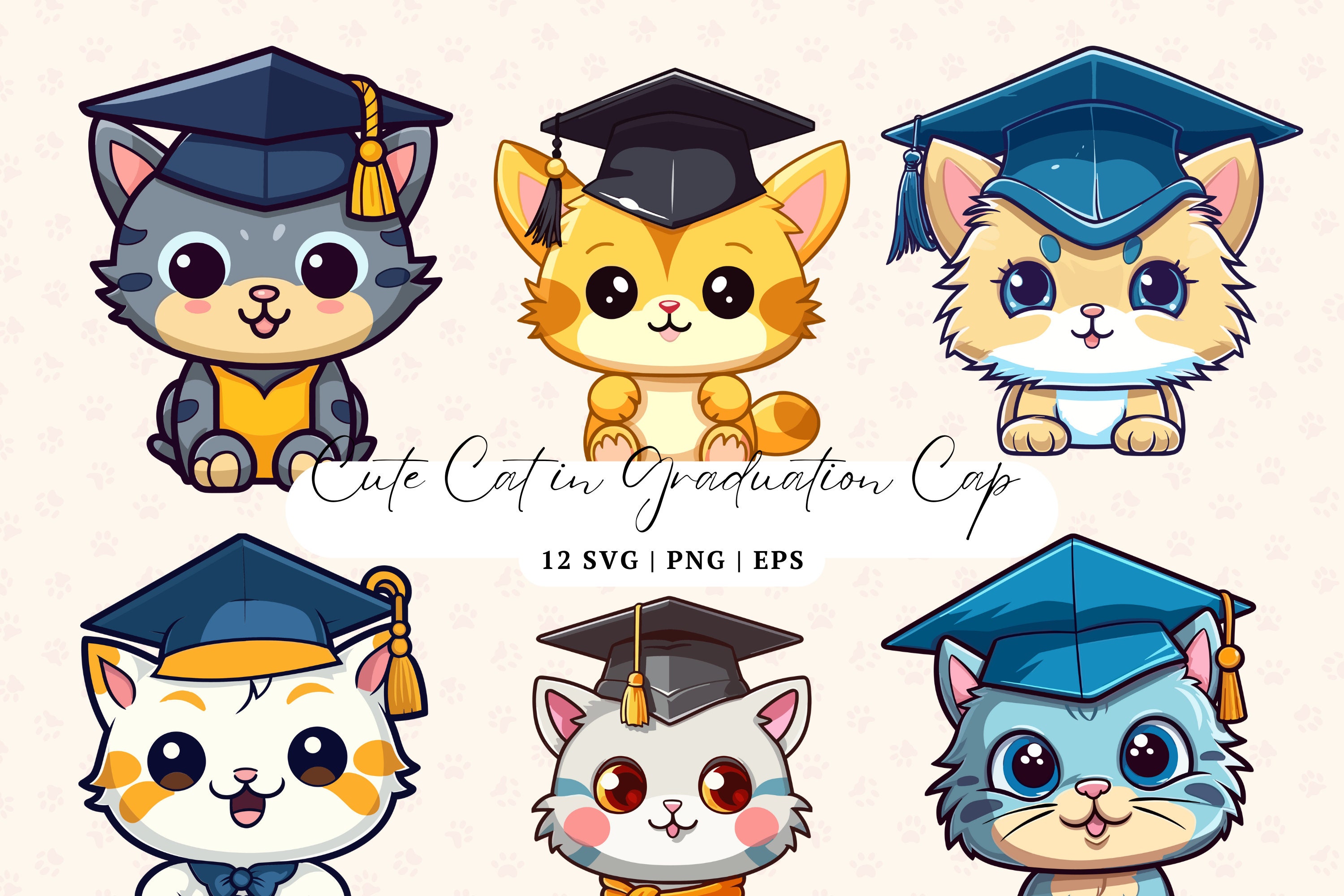 Cute Cat Clipart Bundle, Kitten in Graduation Cap SVG, Graduate Png ...