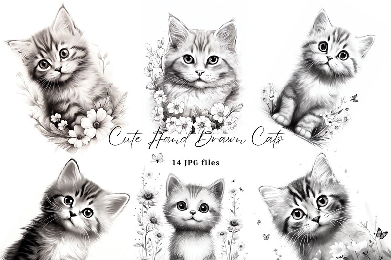 Hand-drawn Kitty Cats Clipart: Unique Pencil Cat Drawing JPG Files ...