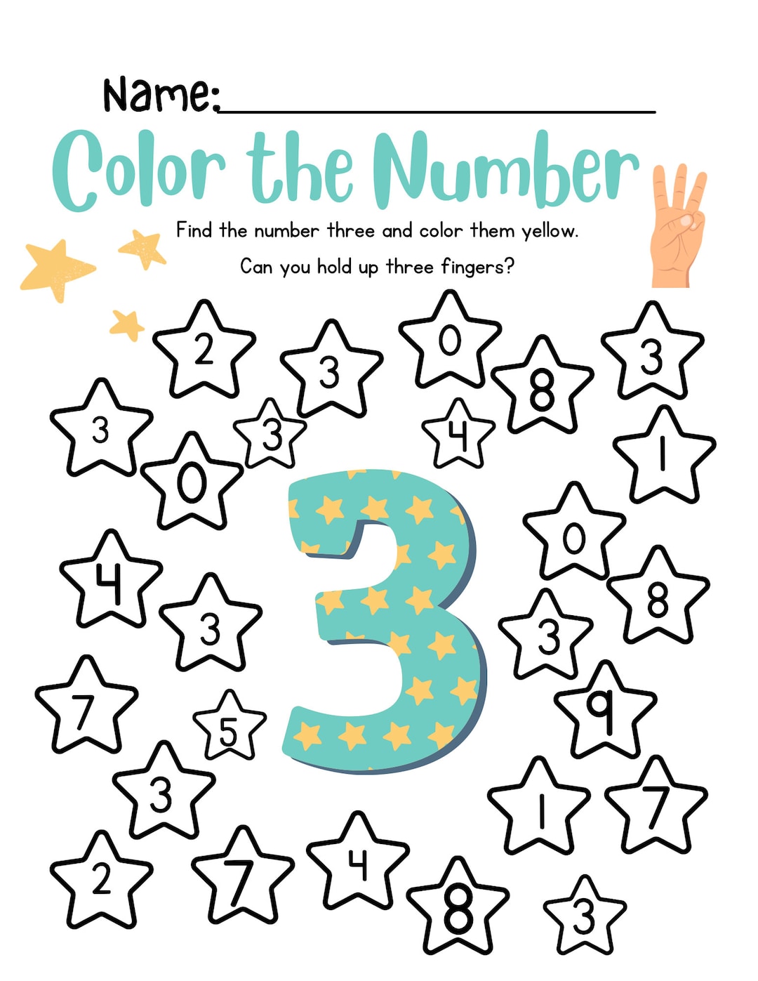 Color the Number 3 Worksheet - Etsy