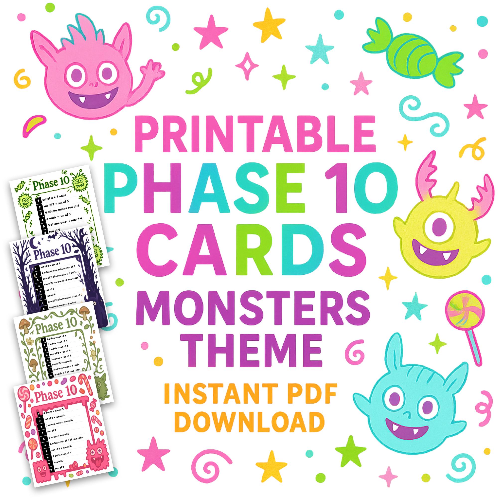 Monster Theme Phase 10 Cards: Printable Game (PDF Download) - Etsy