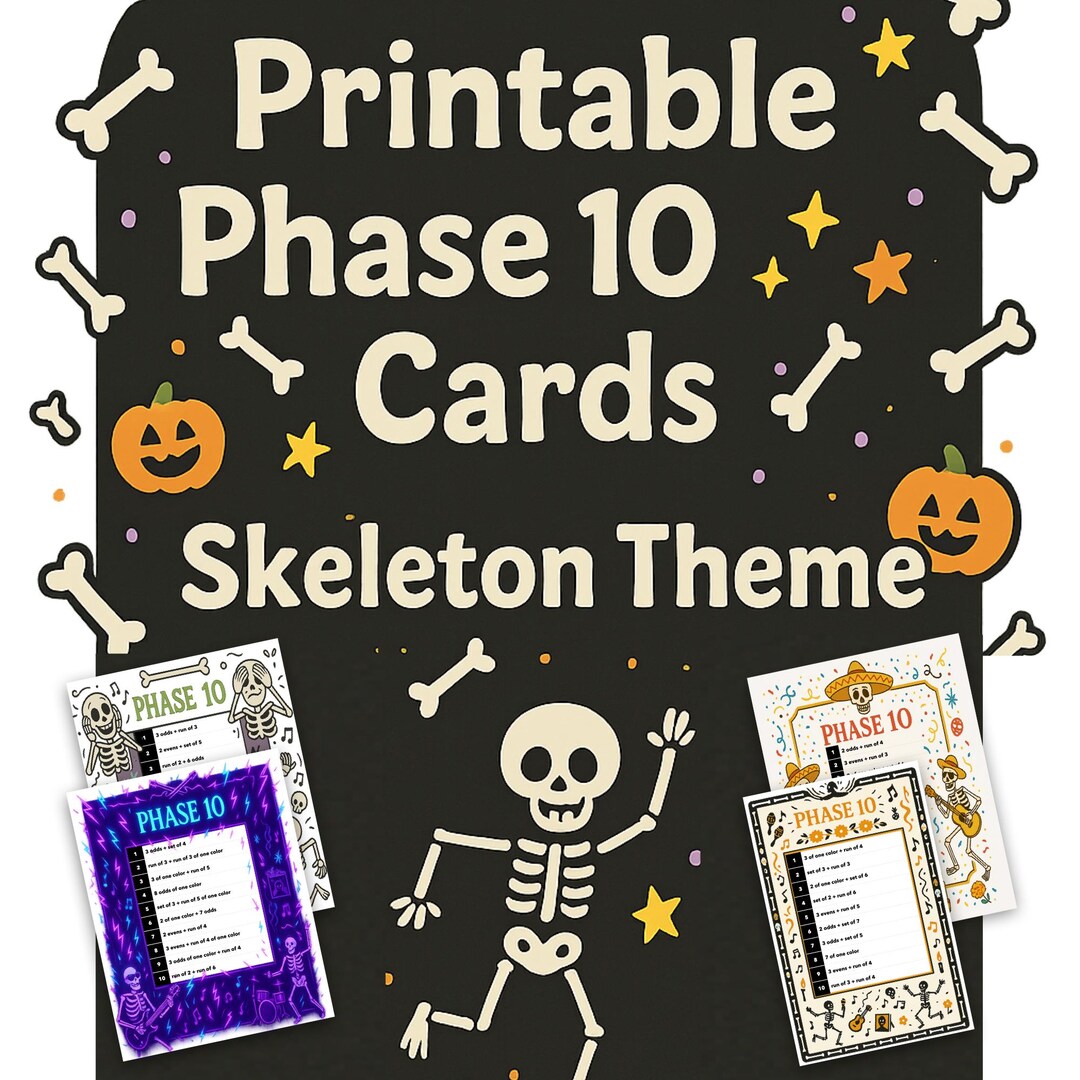 Skeleton Theme Phase 10 Cards: Printable Game (PDF Download) - Etsy