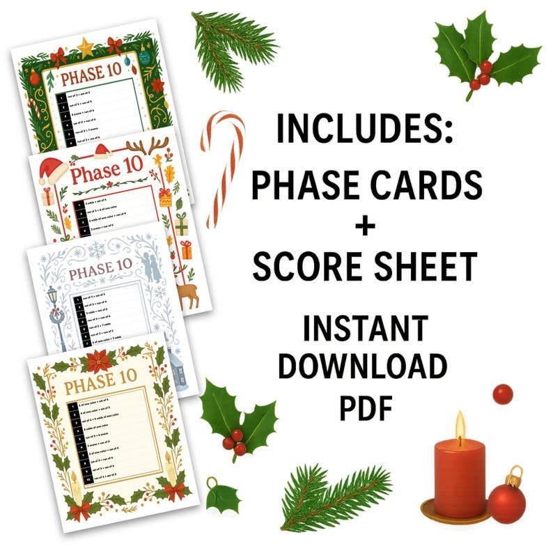 Christmas Theme Phase 10 Cards: Printable Game (PDF Download) - Etsy