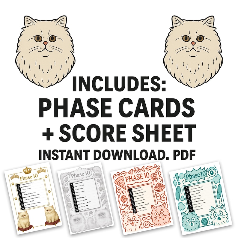 Cats Theme Phase 10 Cards: Printable Game (PDF Download) - Etsy
