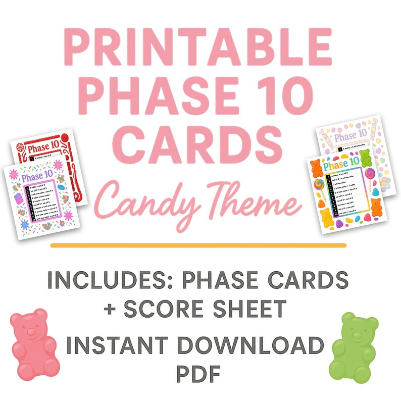 Candy Theme Phase 10 Cards: Printable Game (PDF Download) - Etsy