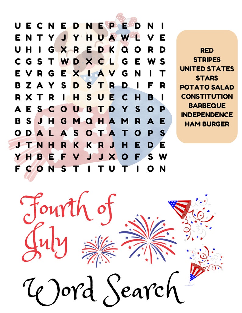 Fourth of July Word Search, 4th of July Word Search, Printable Fourth ...