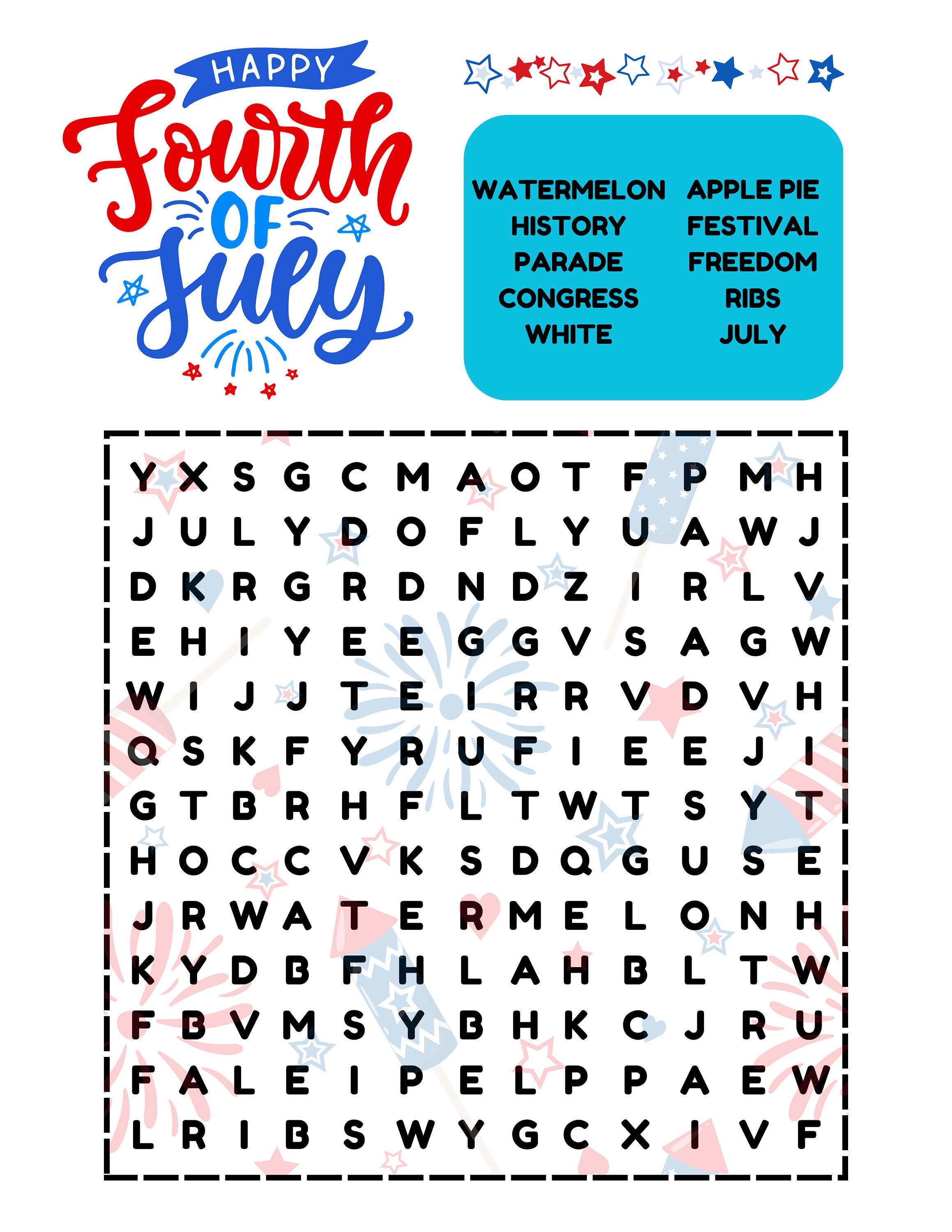 Fourth of July Word Search, 4th of July Word Search, Printable Fourth ...