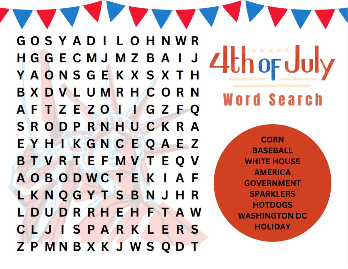 Fourth of July Word Search, 4th of July Word Search, Printable Fourth ...