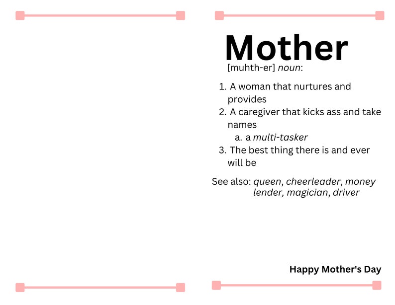 Printable Mother's Day Card, Definition of Mother, Printable Mother's ...