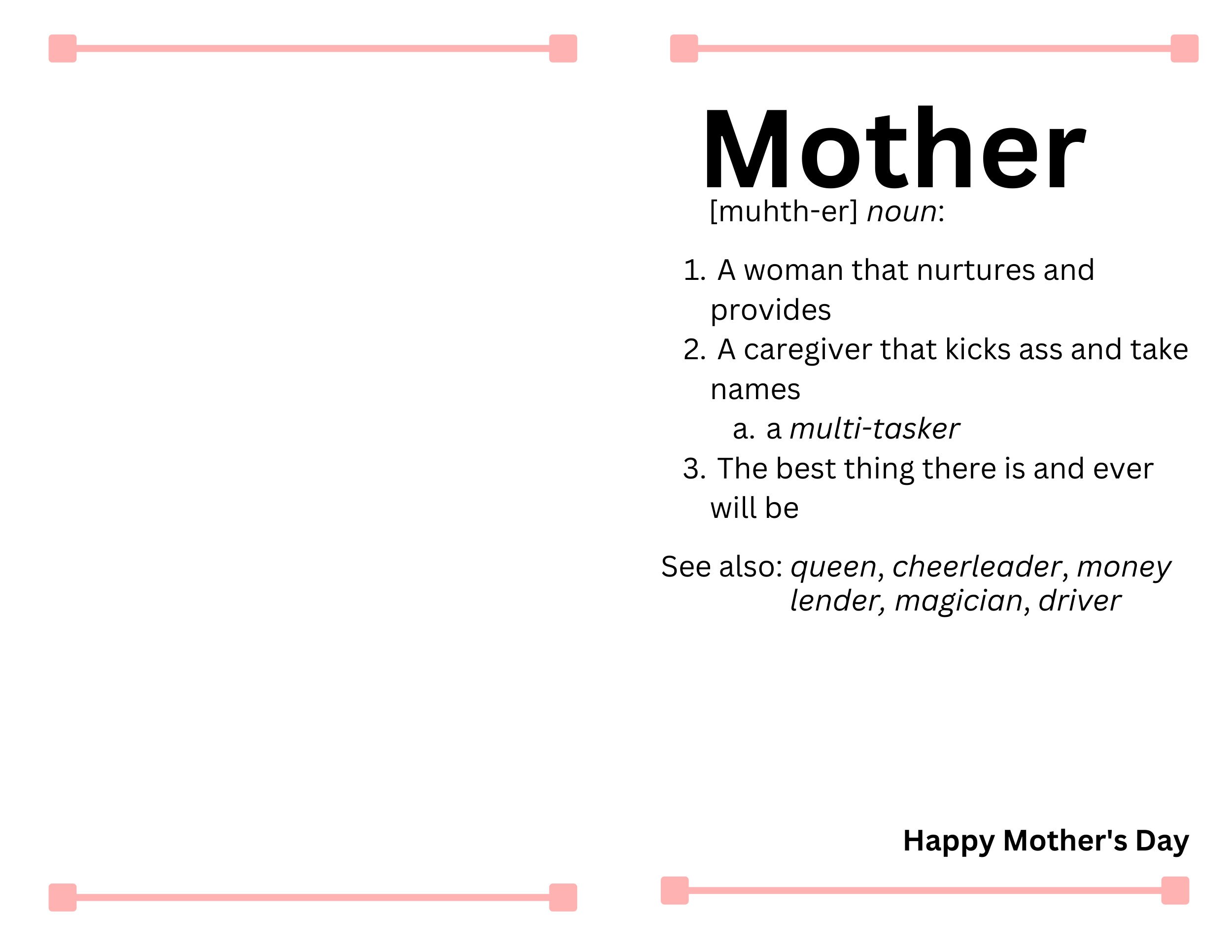 Printable Mother's Day Card, Definition of Mother, Printable Mother's ...