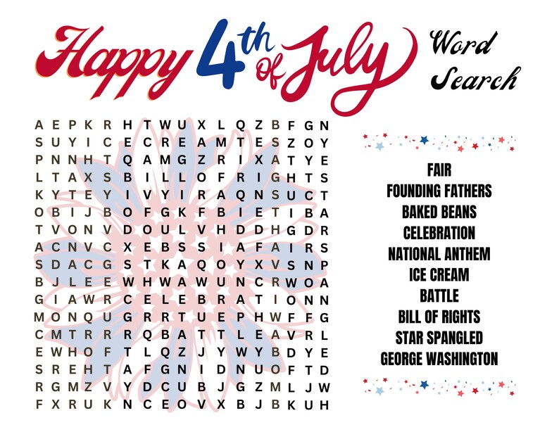 Fourth of July Word Search, 4th of July Word Search, Printable Fourth ...