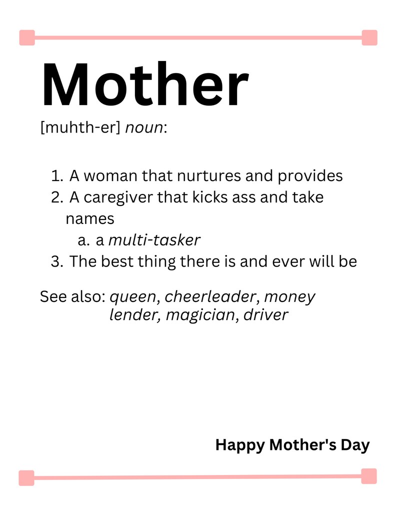 Printable Mother's Day Card, Definition of Mother, Printable Mother's ...