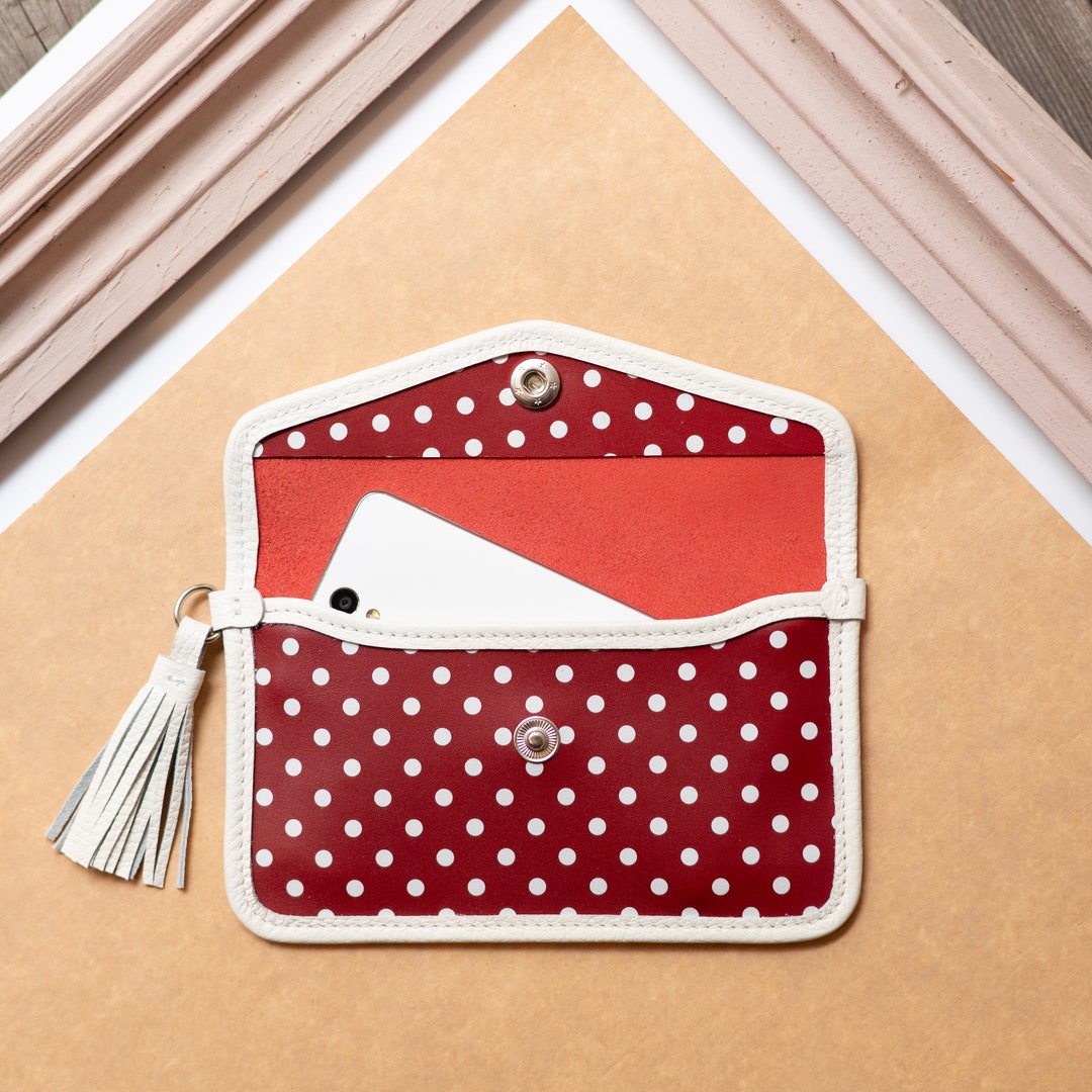 Leather Phone Bag Red White Dots, Custom Phone Case Holder, Flap ...